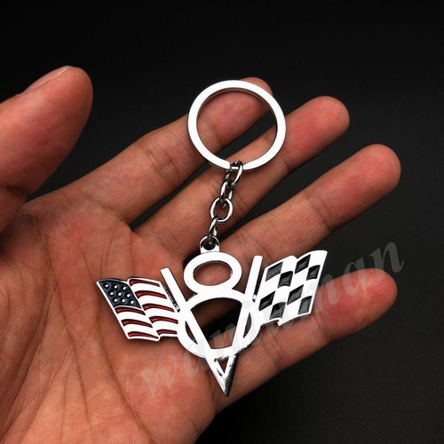 Metal Chrome Car Auto V8 Vintage USA Flag Key Ring Chain Fob Emblem ...