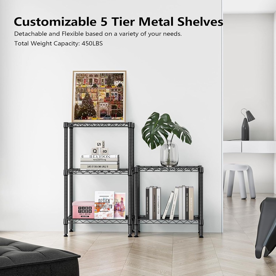 MZG 5-Tier Metal Shelf Black Adjustable Rack Garage Household Shelf ...