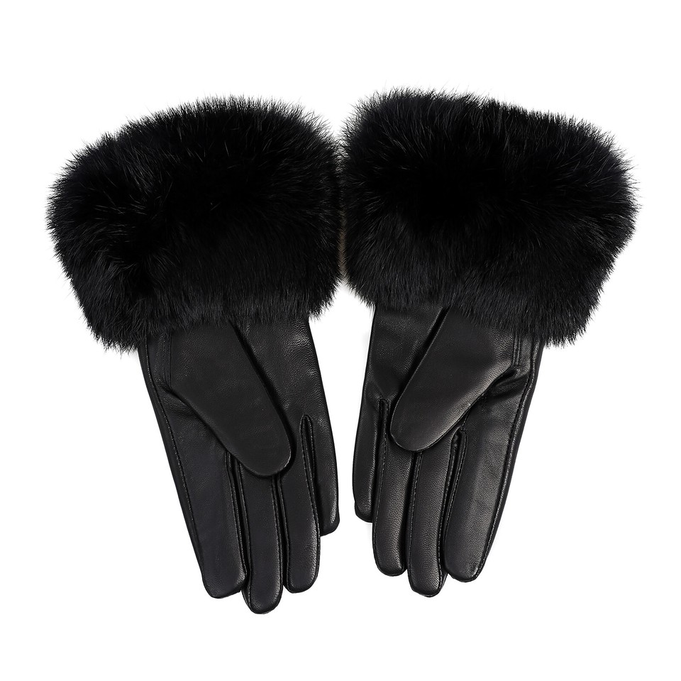 Women's Genuine Leather Gloves Rabbit Fur Trim Cuff Velvet Lined Winter ...