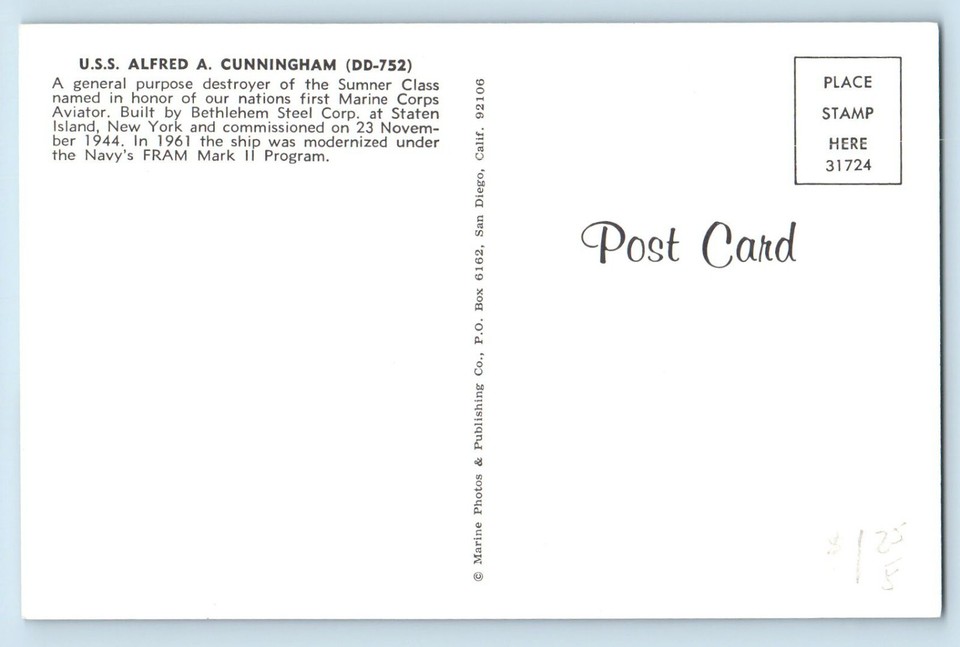 Staten Island New York NY Postcard USS Alfred Cunningham DD-752 ...