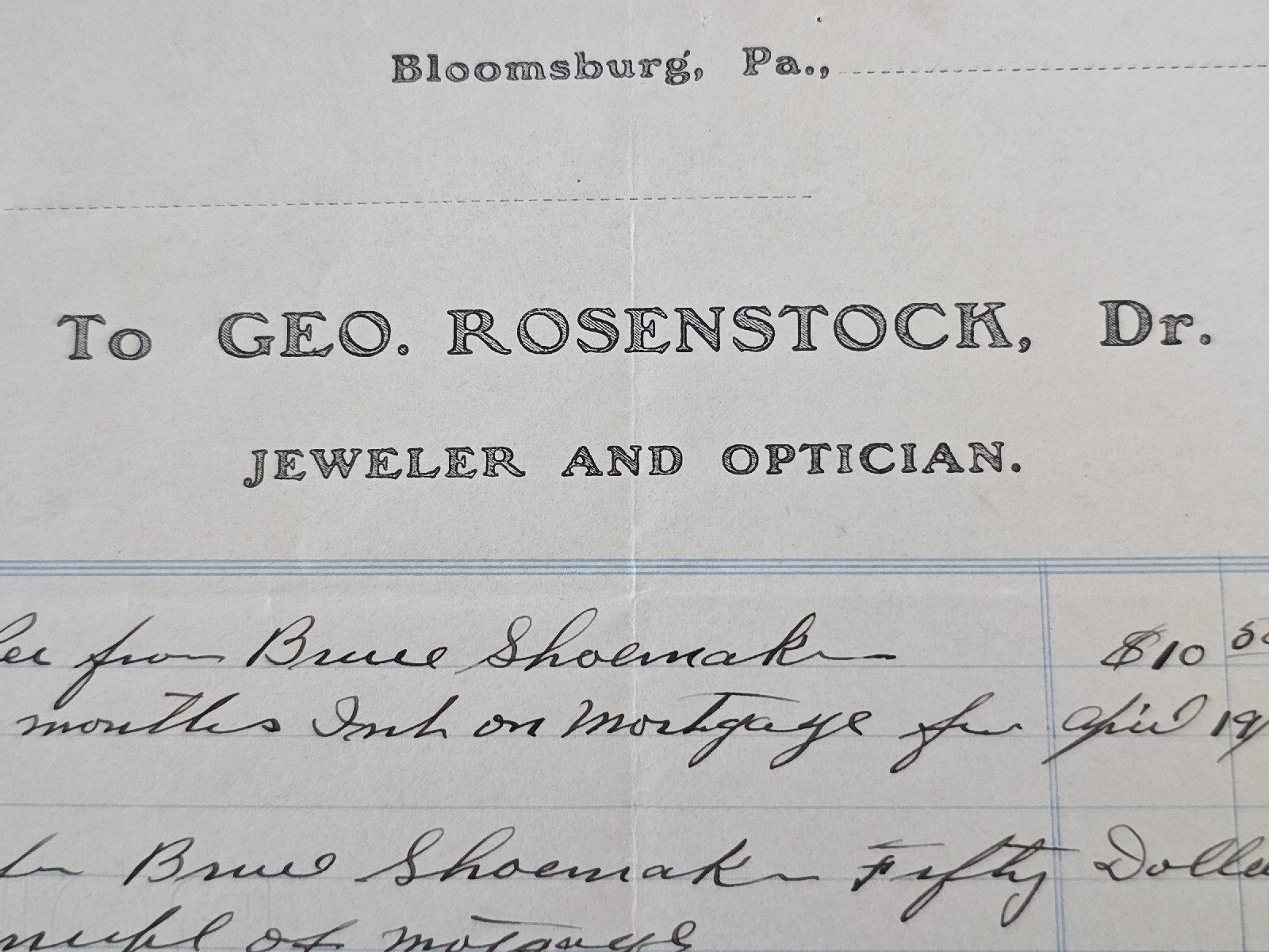 1928 Geo Rosenstock Jeweler & Optician Billhead Receipt Bloomsburg, PA ...