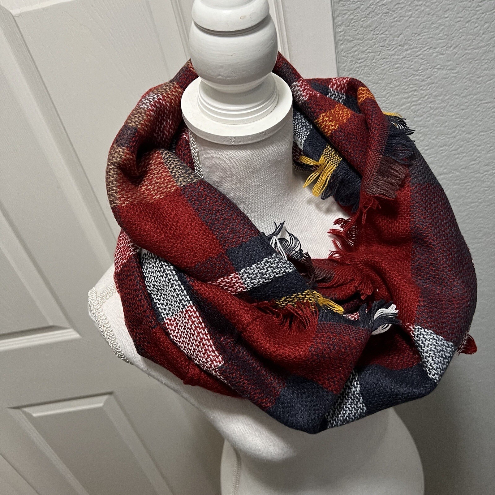 Wander Agio Wine Red Plaid Scarf Womens Winter Head Hair Wraps Circle ...