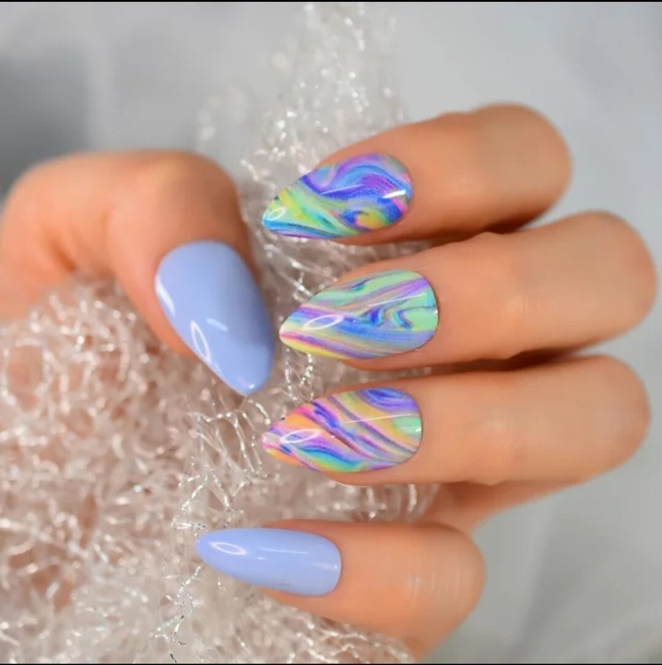 24 Periwinkle Purple Press On Nails Artsy Swirl pointed almond stiletto ...