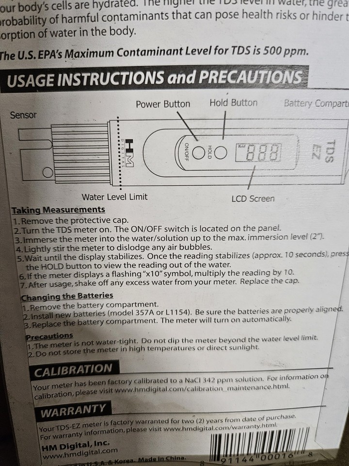 HM Digital TDS-EZ Water Quality TDS Tester, 0-9990 ppm Measurement ...
