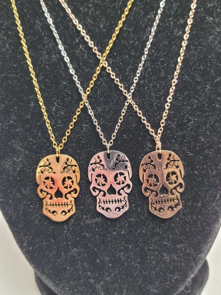 Silver Stainless steel Mexican dia de los muertos skull necklace | eBay
