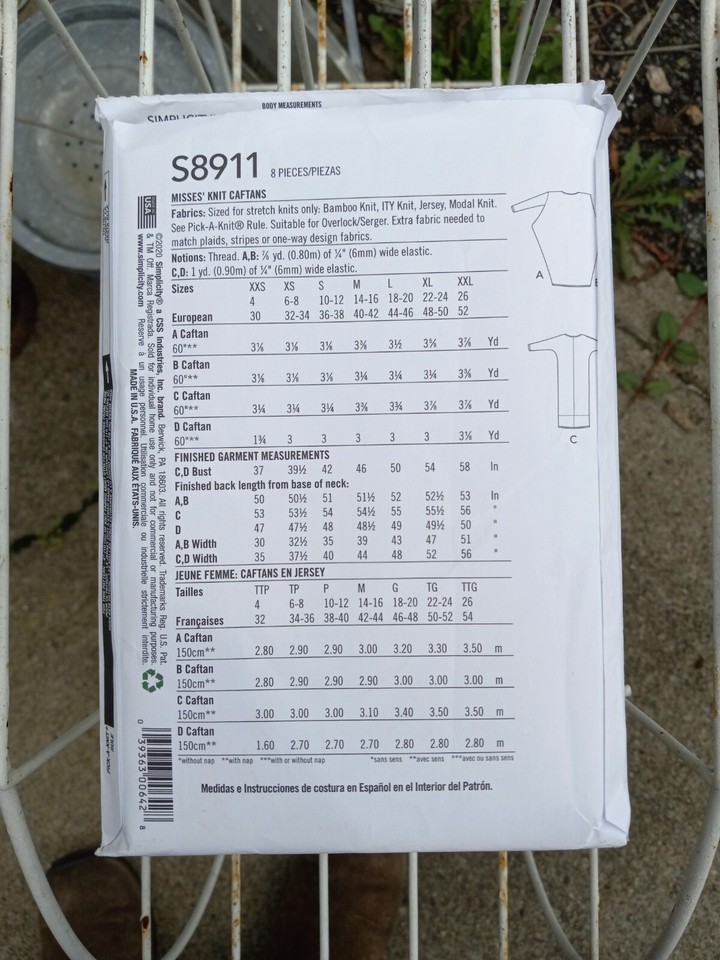 SIZES XXS XS S M L XL XXL BUST 29.5-48 SIMPLICITY S8911 KNIT CAFTANS ...