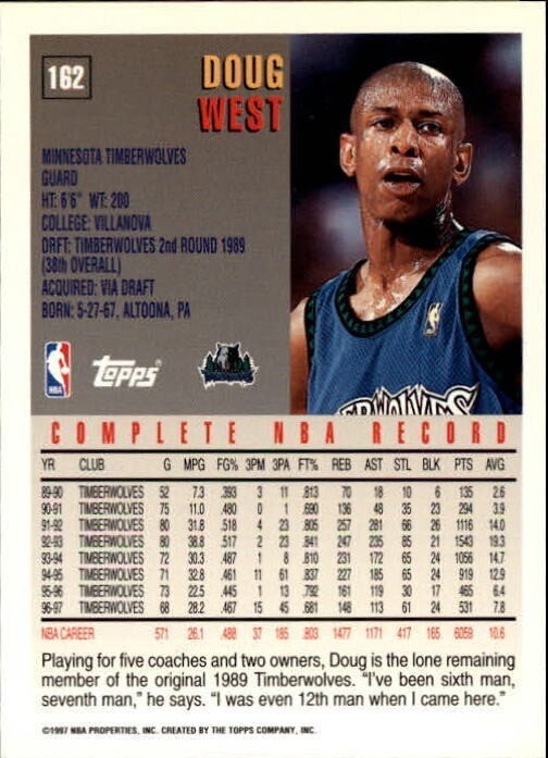 1997-98 Topps Minnesota Timberwolves Basketball Card #162 Doug West | eBay