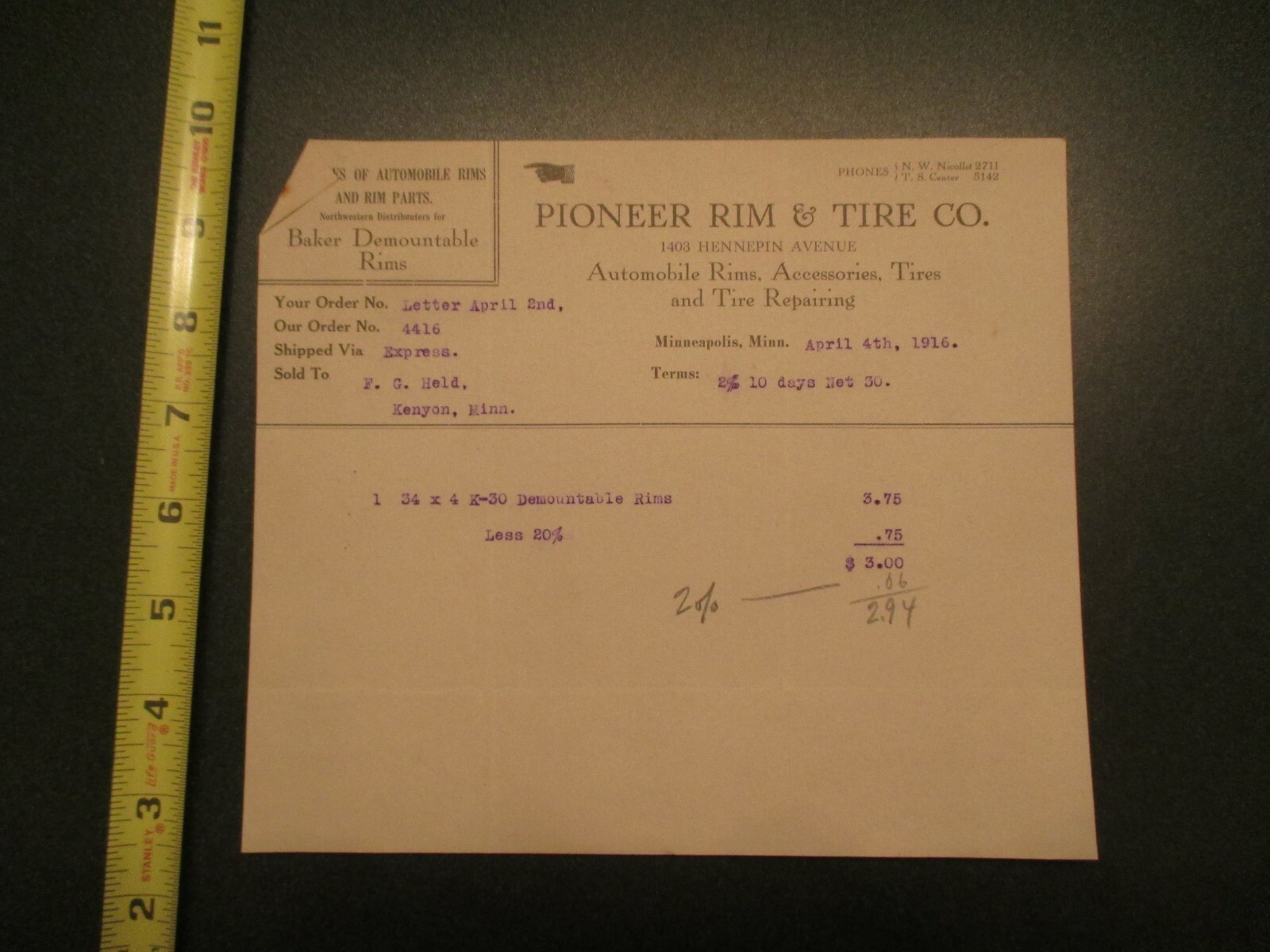 Pioneer Rim & tire Company Automobile car Tires Rims 1916 Invoice ...
