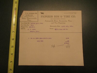 Pioneer Rim & tire Company Automobile car Tires Rims 1916 Invoice ...