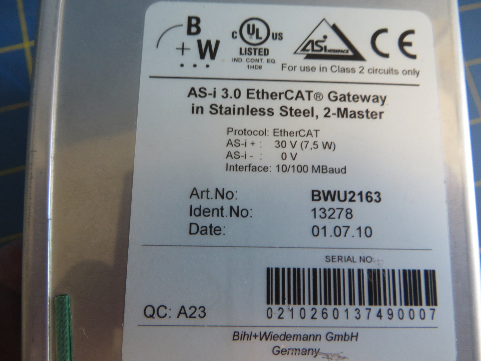 Bihl+Wiedemann BWU2163 AS-i 3.0 EtherCAT Gateway in Stainless Steel - 2 ...