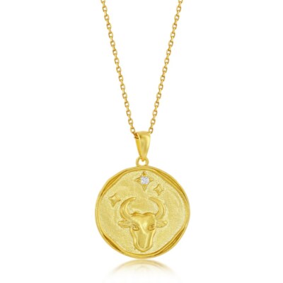 Sterling Silver 'TAURUS' CZ Zodiac Circle Pendant w/Chain - Gold Plated ...
