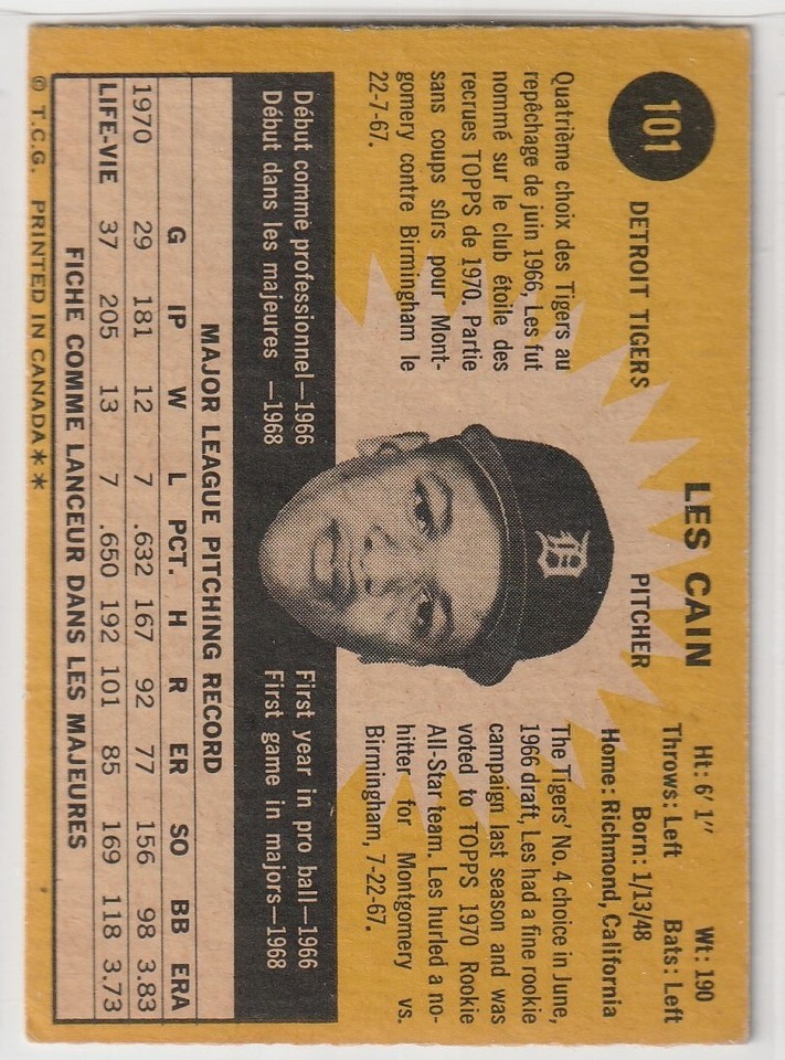 1971 OPC O-Pee-Chee Baseball #101 Les Cain Detroit Tigers | eBay