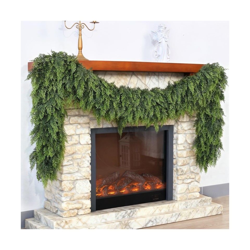 Christmas Cedar Garland - 16ft Artificial Cedar Garland Faux Lush Green ...
