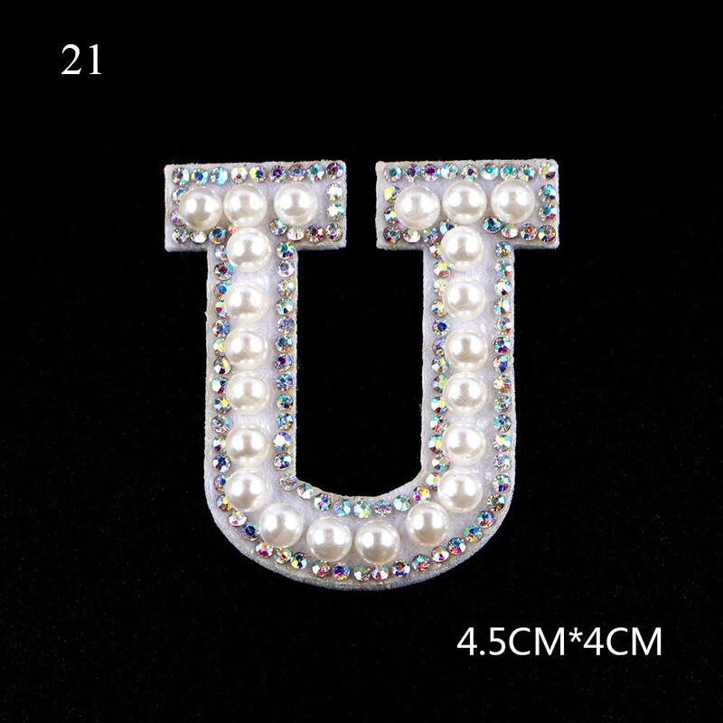 A-Z Letter Pearl Patches Rhinestone Iron Sew On Applique Alphabet ...