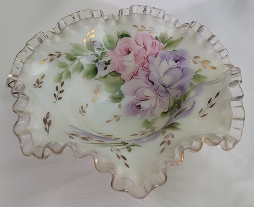 Beautiful Vintage Hand Painted Roses Ruffled Edge White Brides Basket ...