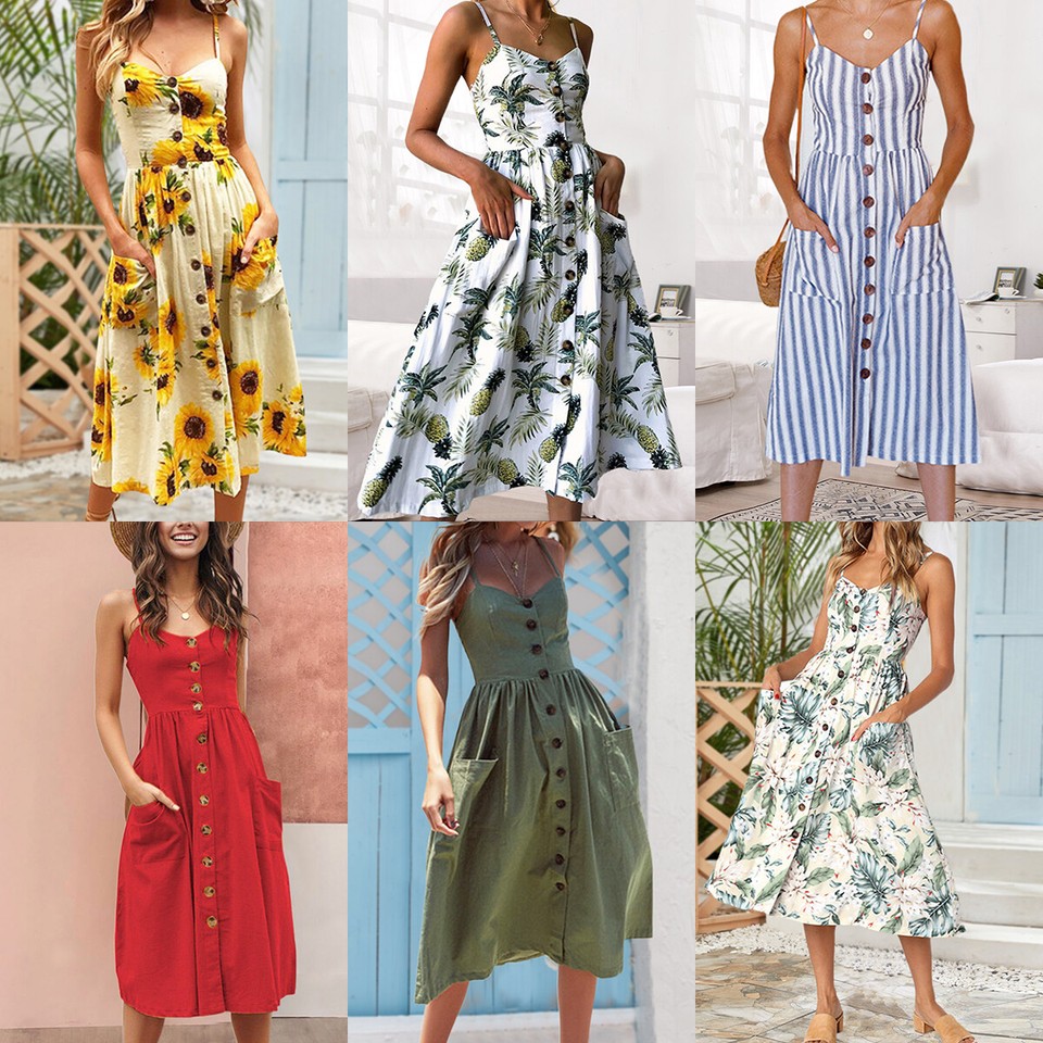 BOHO Womens Strappy Sun Dresses Summer Beach Midi Dress Plus Size 6-20 ...