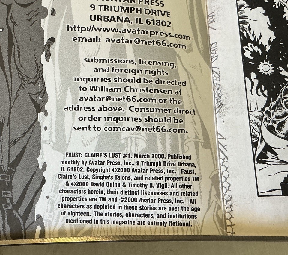 —FAUST: Claire’s Lust #1 (Avatar, 1999)— *GRAPHIC Tim Vigil Variant ...