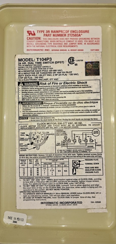 INTERMATIC T104P3 Swimming Pool Spa Timer Indoor/Outdoor 220v 24hr Time ...