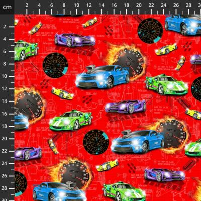 Fast and Wild Fabric by Designer Stof 808-218 Fast Cars Wild Ride Red ...