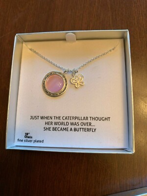 Necklace Butterfly Silver Charm Insect Caterpillar Monarch Pink Cat Eye ...