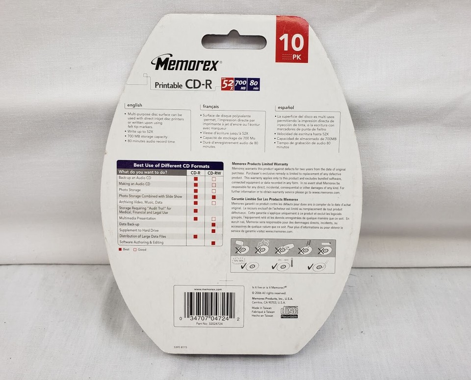 Memorex Printable Disc CD-R 10 PK w/ Marker recordable 52X 700 MB 80 ...