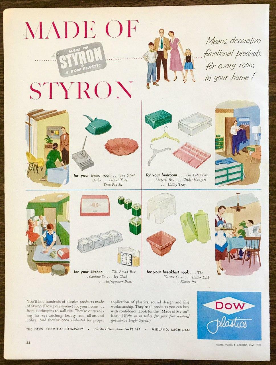 1952 Dow Plastics PRINT AD Styron Decorative Functional Products for ...