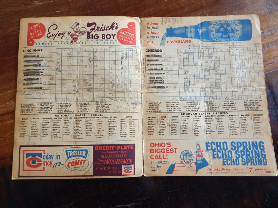 1963 CINCINNATI REDS VS CHICAGO CUBS BASEBALL SCORECARD PETE ROSE ...