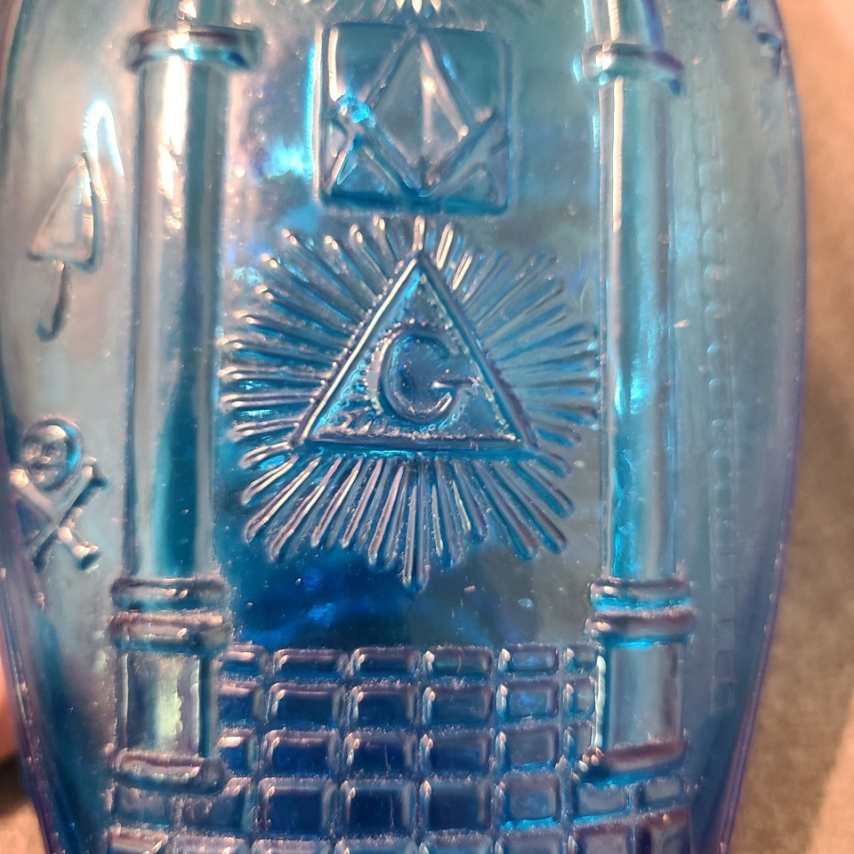 Vintage Masonic Blue Glass Flask Eagle on One Side Symbols on Reverse ...