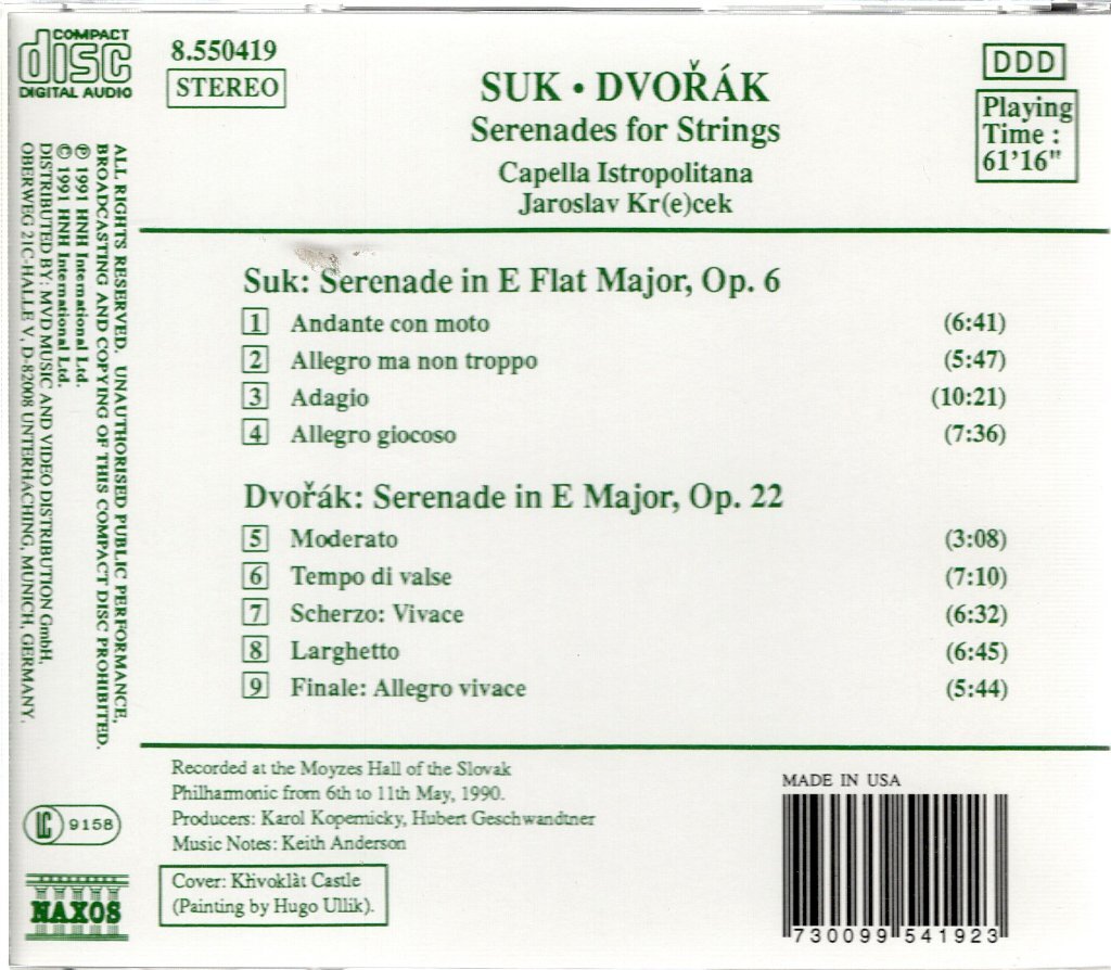 8550419 Suk / Dvorak Serenades For Strings CD Europe Naxos 8550419 | eBay
