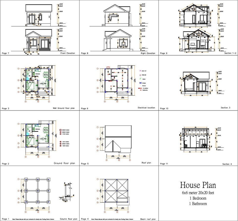 20x20 Feet Small Cottage Design 6x6 Meter One Bedroom Gable Roof (A4 ...