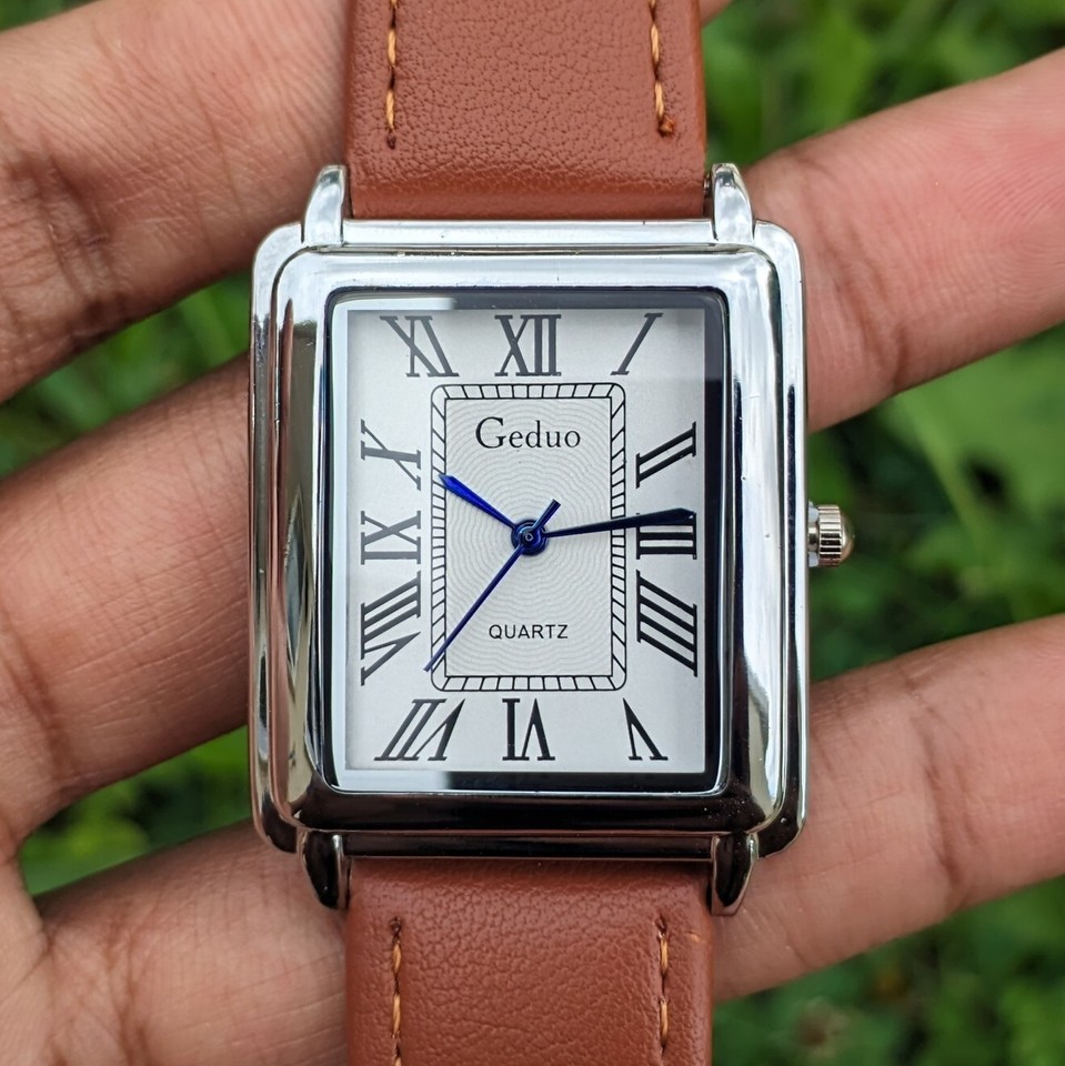 GEDUO Tank Square Leather Stainless Steel Back Analogue Quartz ...