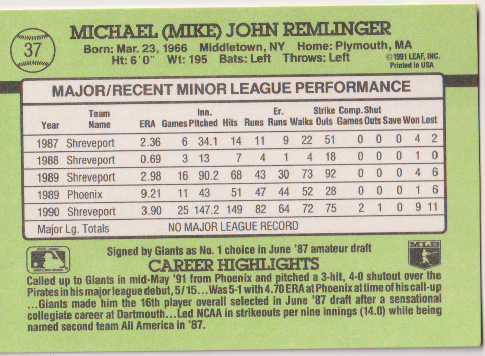 1991 Donruss The Rookies #37 Mike Remlinger RC San Francisco Giants | eBay