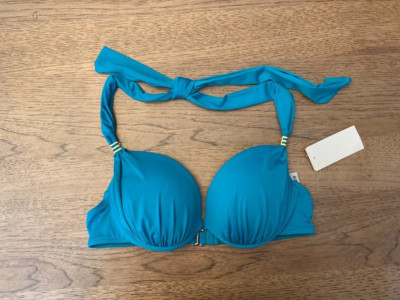 Bar III Teal Blue MEDIUM Lined Underwire Plunge Halter Bikini Swim Top ...