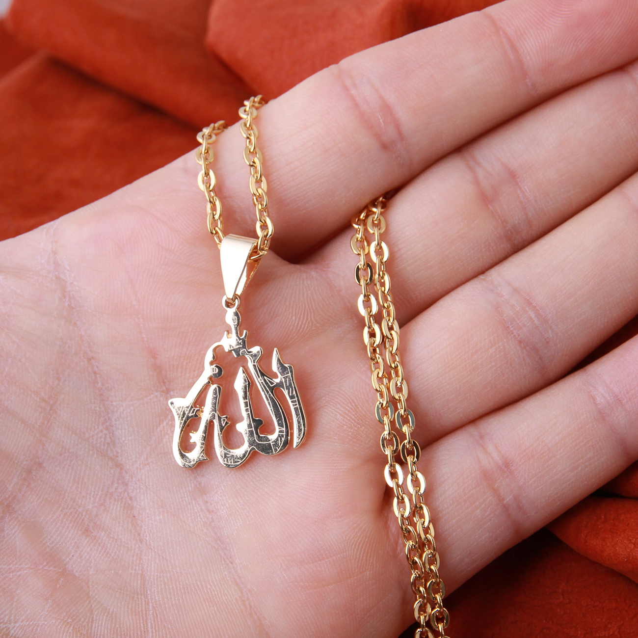 Small Engraved Gold Pt Allah Necklace Islamic Muslim Chain Quran Gift ...