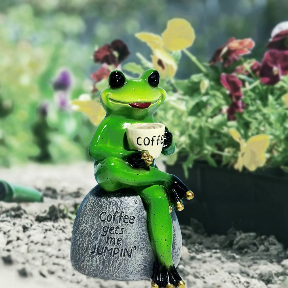 Frog Statue Figurine Home Decor Frog Sitting On Stone Drinking Coffee ...
