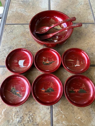 Vintage Japanese Oriental Asian Red Lacquerware 9 Piece Salad Bowl Set ...