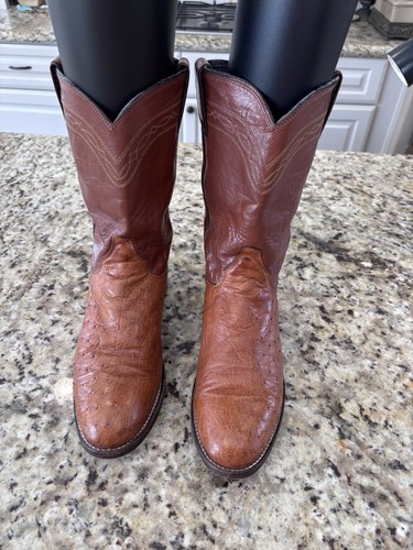 Justin Ostrich Roper Western Cowboy Boots Style L3021 Cognac Sz 8 1/2B ...