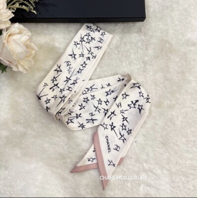 💗NIB So Pretty! CHANEL CoCo Black White Pink 💗Silk Slim Scarf Bandeau ...