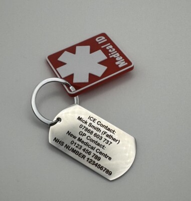 Personalised Medical Alert ID ICE Tag Keyring Clearly Engraved ...