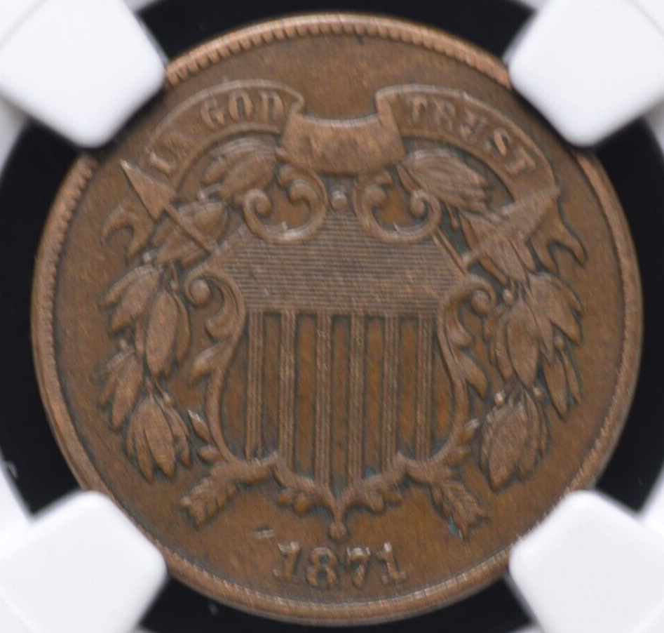1871 TWO CENT PIECE NGC VF 25 BN NICE EVEN MEDIUM MILK CHOCOLATE, LIGHT ...