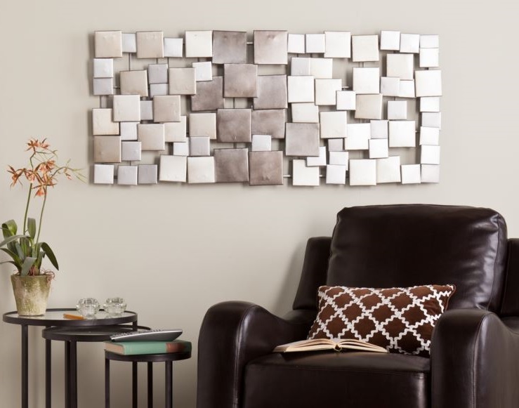 Geometric Silver Huge Abstract Metal Wall Art Display Modern Square ...