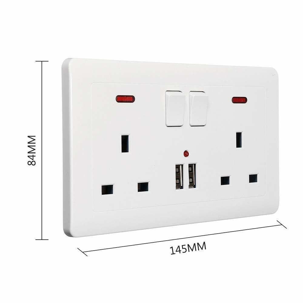 Double Wall Plug Socket 2 Gang 13A with 2 USB Charger Port Outlets ...