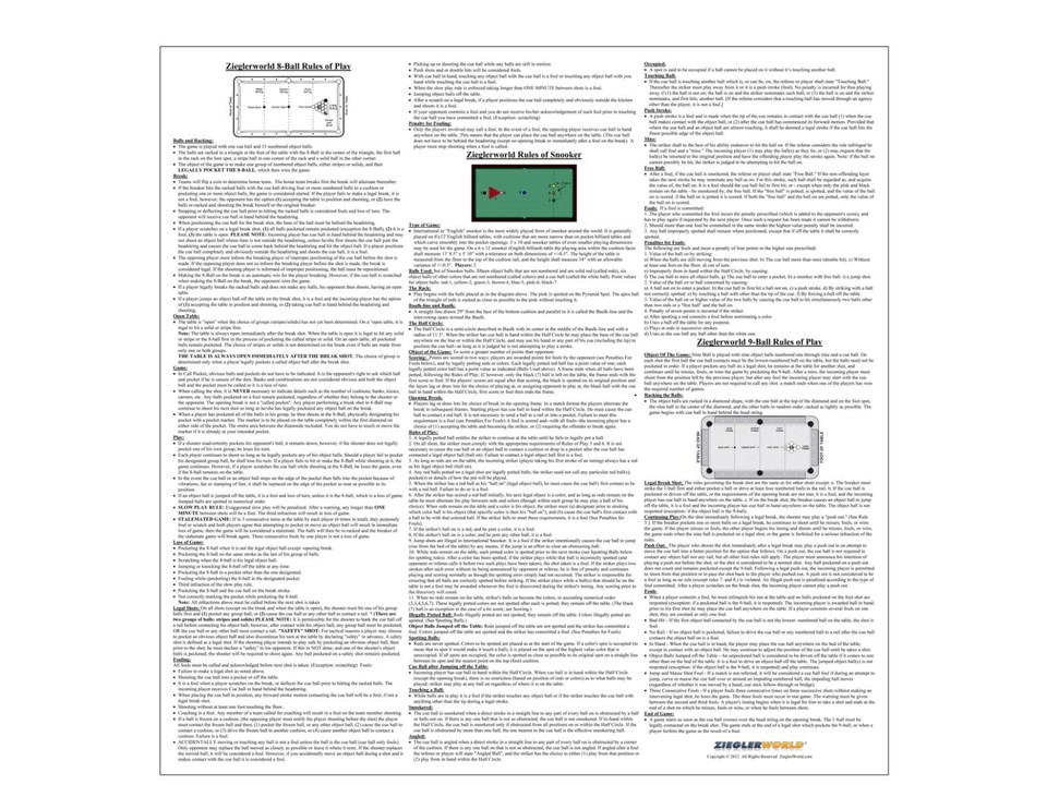 Billiard Rules Poster Eight 8 Ball Nine 9 Ball & Snooker For Your Pool ...