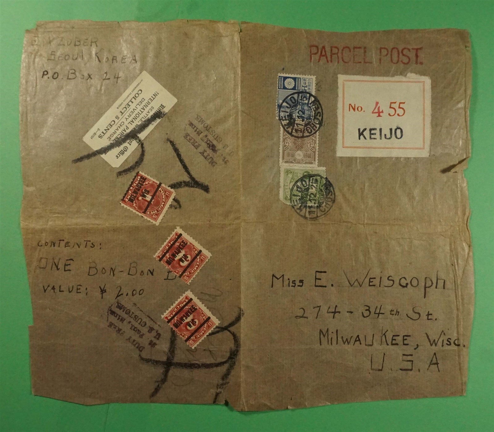 DR WHO KOREA REGISTERED PARCEL PIECE KEIJO TO USA POSTAGE DUE k28506 | eBay