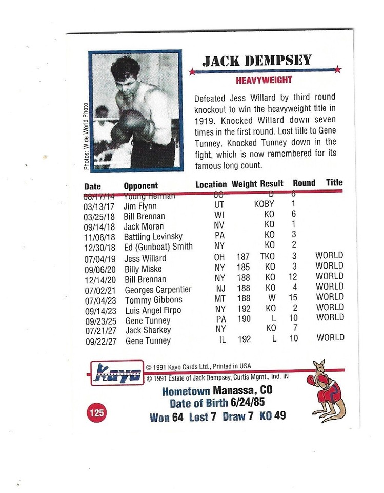 Jack Dempsey - All Time Great - 1991 Kayo Boxing Card #125 MINT | eBay