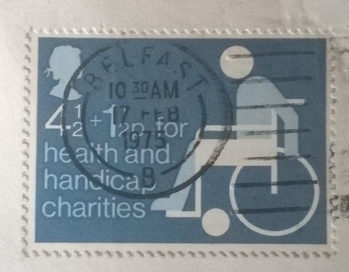 1 GB USED 4.5p + 1.5P 1975 SG970 CHARITY STAMP BELFAST POSTMARK 17 FEB ...