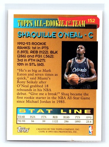 1993-94 Topps All- Rookie 1st Team #152 Shaquille O'Neal Orlando Magic ...