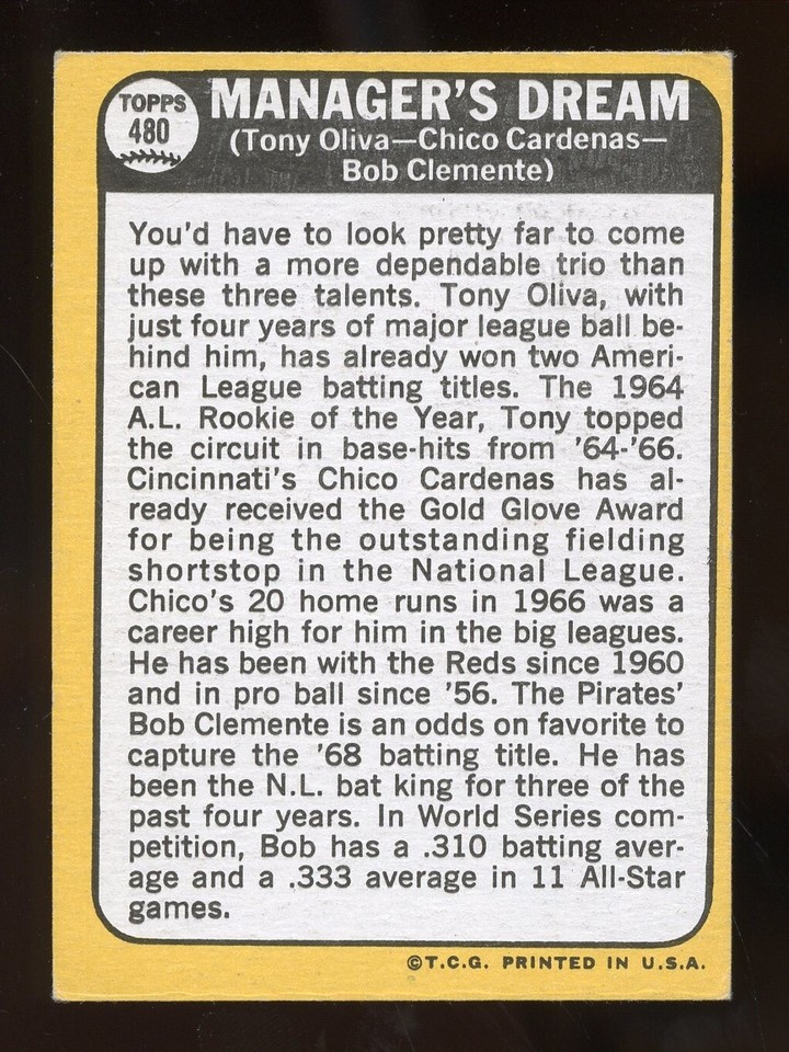 1968 Topps MANAGER'S DREAM #480 Baseball Card VG-VG-EX (wrinkle ...