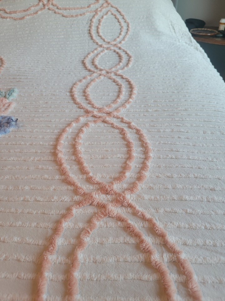 Chenille Bedspread Cutter Craft Fabric White Pink Blue Green Flower ...