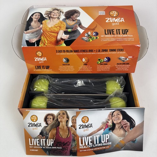 Zumba Gold Live It Up Set Dance Fitness Workout 3 DVDs Toning Sticks ...